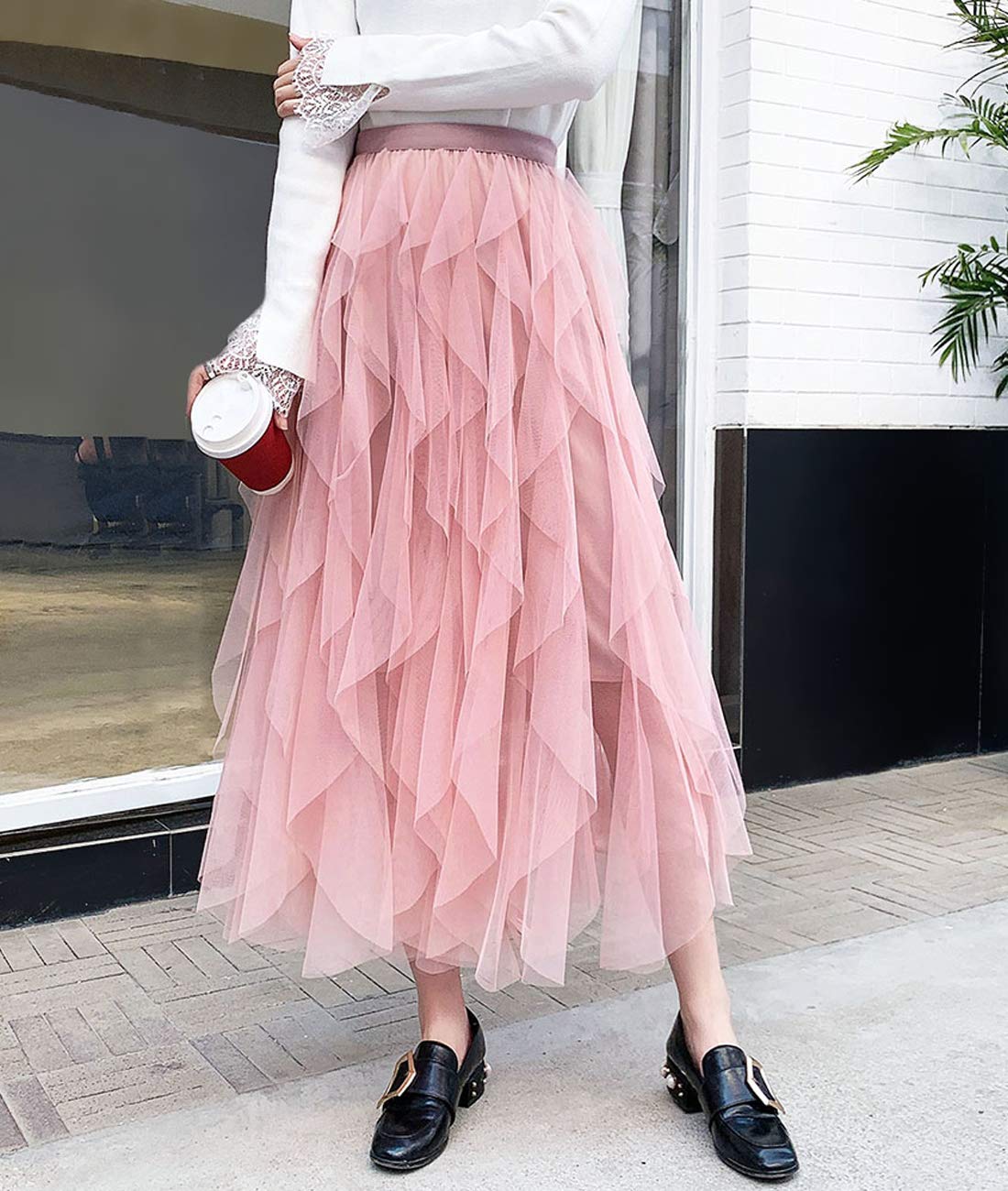 Femiserah Women's Long Rainbow A Line Tulle Tutu Skirts Tiered Skirt Petticoat(One Size, Tulle Pink