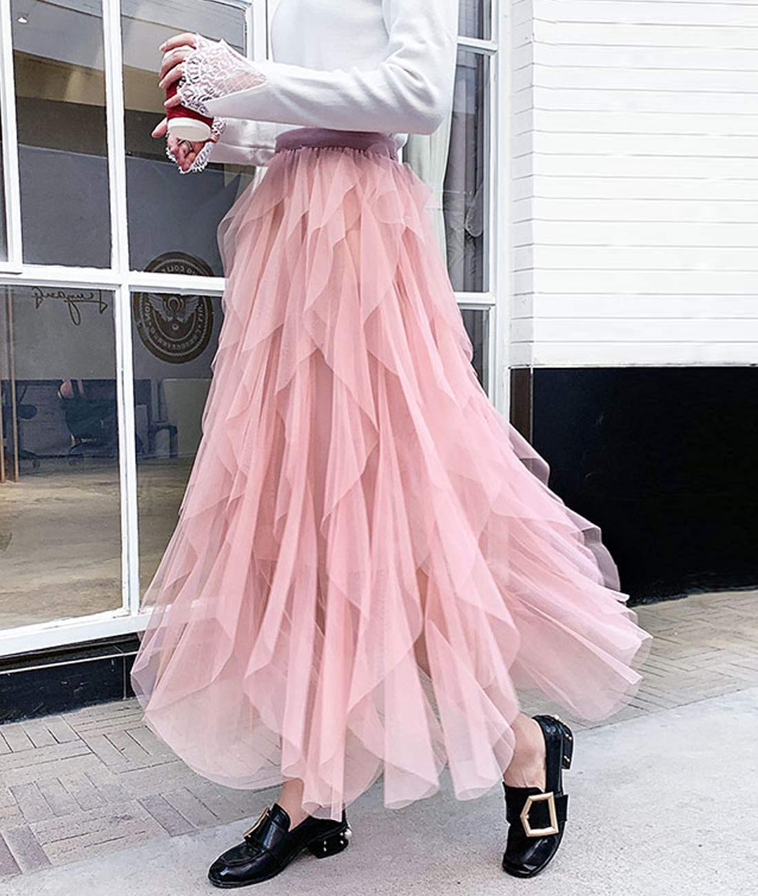 Femiserah Women's Long Rainbow A Line Tulle Tutu Skirts Tiered Skirt Petticoat(One Size, Tulle Pink
