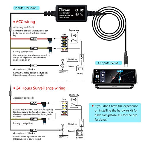 Dash Cam Hardwire Kit, Mini USB Hard Wire Kit Fuse for Dashcam, Plozoe 12V-24V to 5V/2A Car Dash Camera Charger Power Cord(13ft)