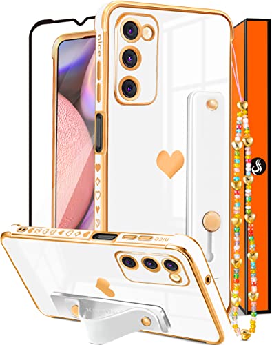 Likiyami for Samsung Galaxy A03S Phone Case Heart for Women Girls Girly Cute Pretty Luxury Aesthetic with Stand Cases White and Gold Plating Love Hearts Cover Screen Chain for Galaxy A03S 6.5"