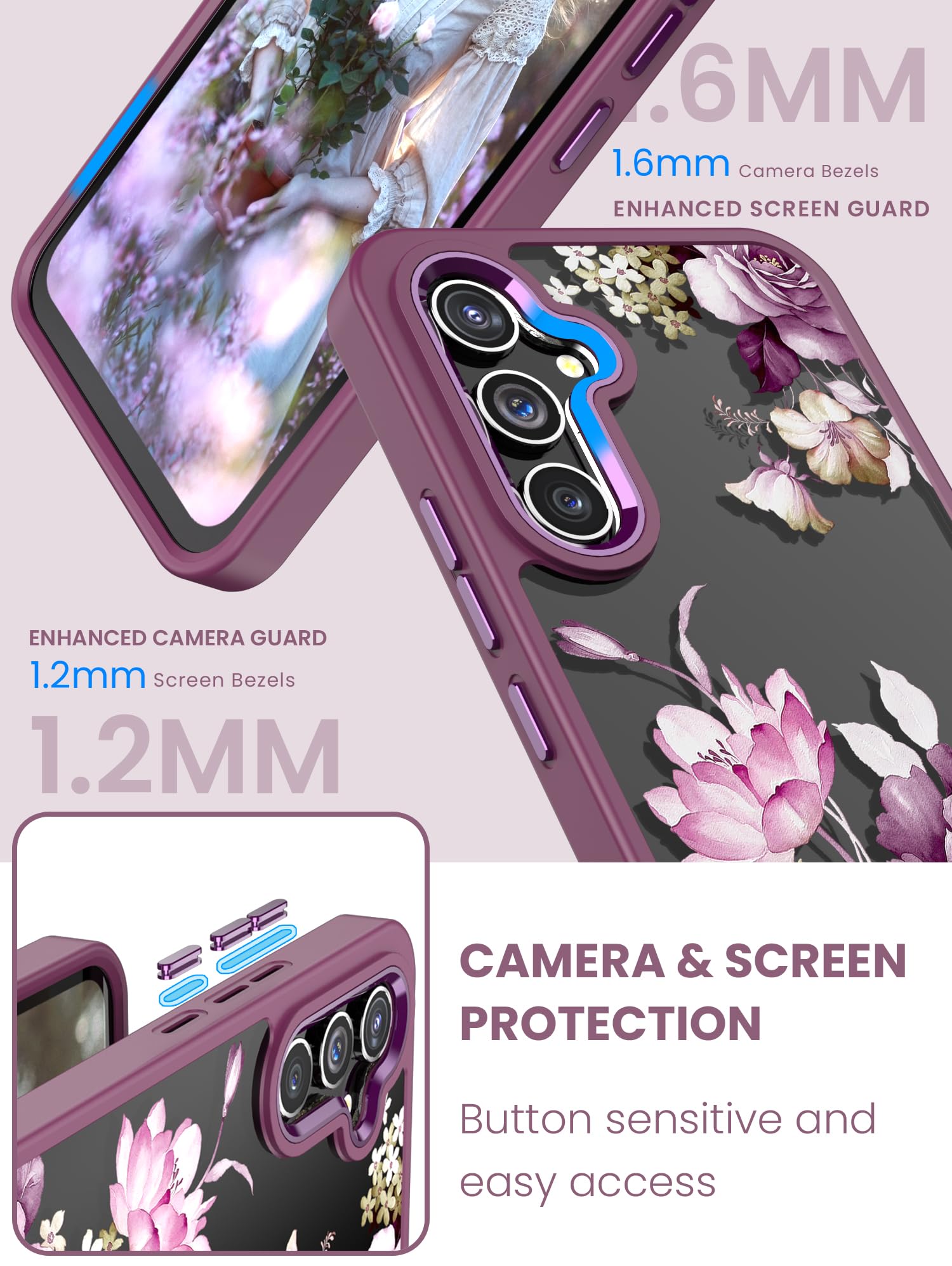 DagoRoo for Samsung Galaxy A54 5G Case with Tempered Glass Screen Protector [2 Pack],[Military Grade Protective] Slim Soft TPU & Hard PC,Girls Women Crystal Clear Flower Pattern Cases (JD-Purple)