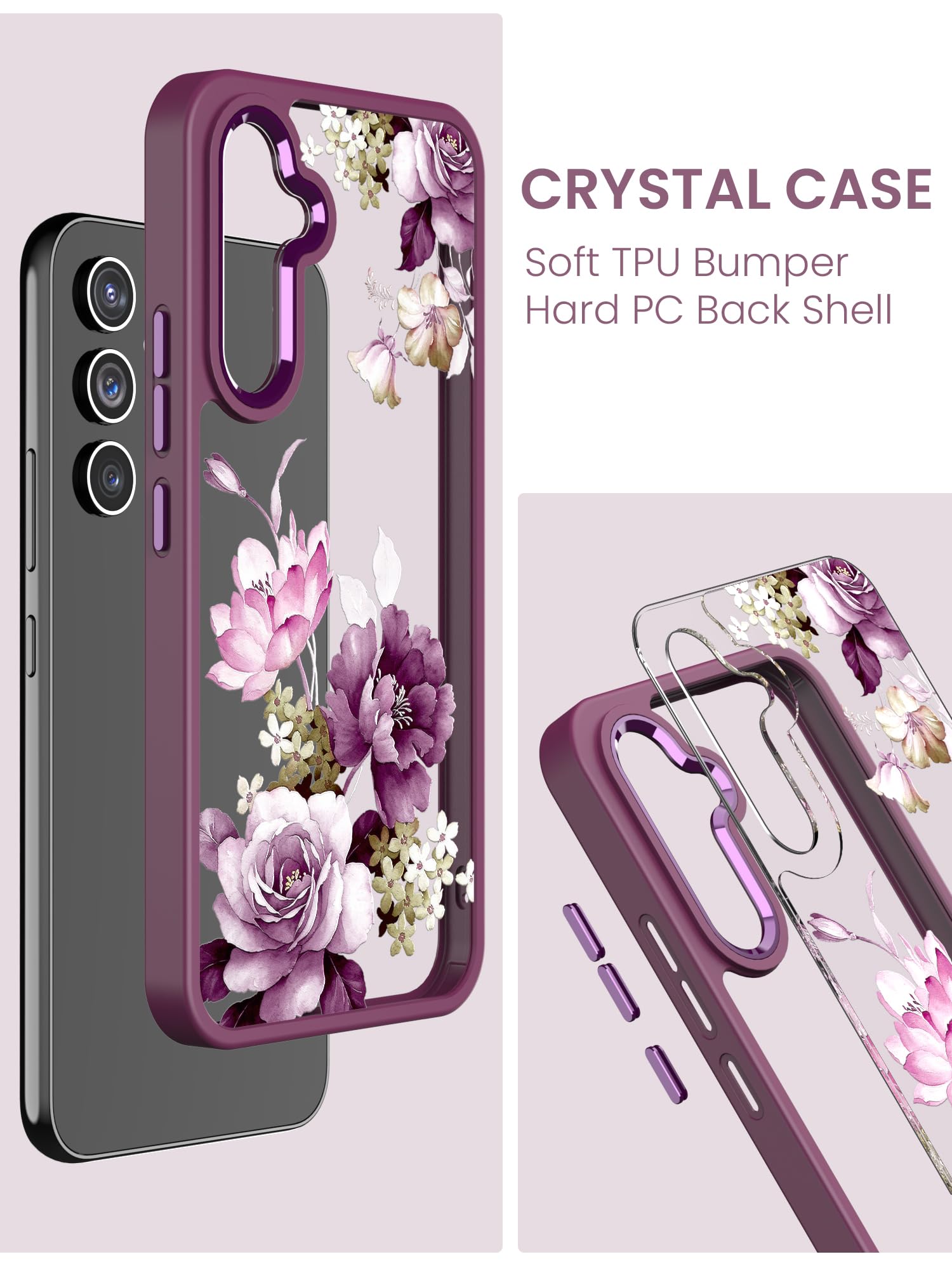 DagoRoo for Samsung Galaxy A54 5G Case with Tempered Glass Screen Protector [2 Pack],[Military Grade Protective] Slim Soft TPU & Hard PC,Girls Women Crystal Clear Flower Pattern Cases (JD-Purple)