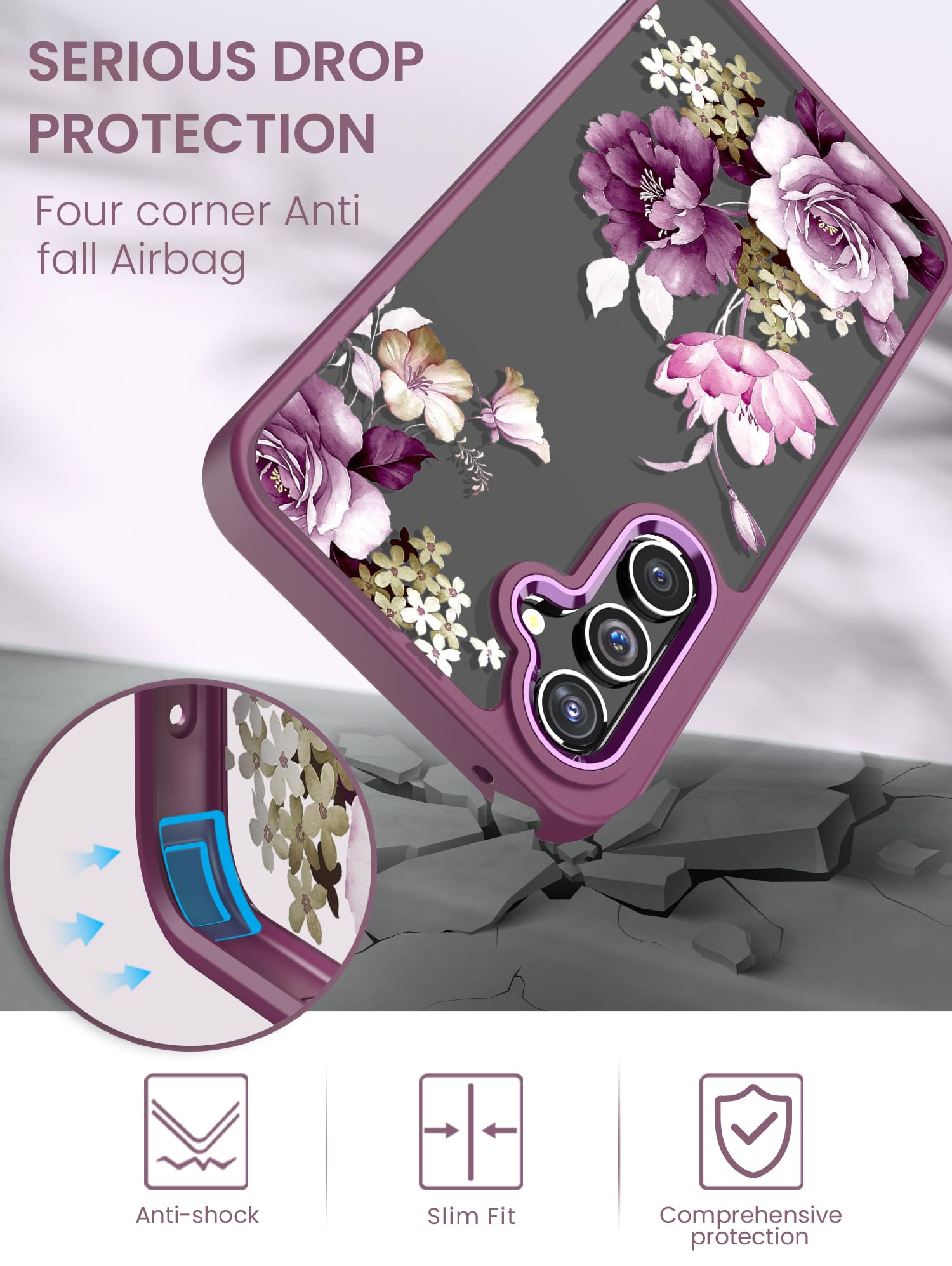 DagoRoo for Samsung Galaxy A54 5G Case with Tempered Glass Screen Protector [2 Pack],[Military Grade Protective] Slim Soft TPU & Hard PC,Girls Women Crystal Clear Flower Pattern Cases (JD-Purple)