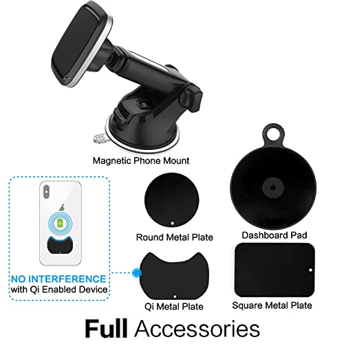 1Zero Magnetic Phone Car Mount with Quick Extension Telescopic Arm, Hands-Free Windshield Dashboard Cell Phone Holder for Car Compatible with iPhone Smartphone, Sticky Suction Cup, 6 Strong Magnets