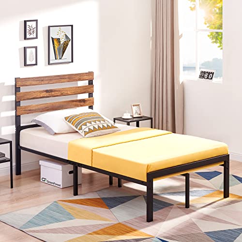 GreenForest Twin Bed Frame with Wooden Headboard Platform Bed with Metal Support Slats NO-Noise Heavy Duty Bed Industrial Country Style with 9 Strong Legs No Need Box Spring, Twin