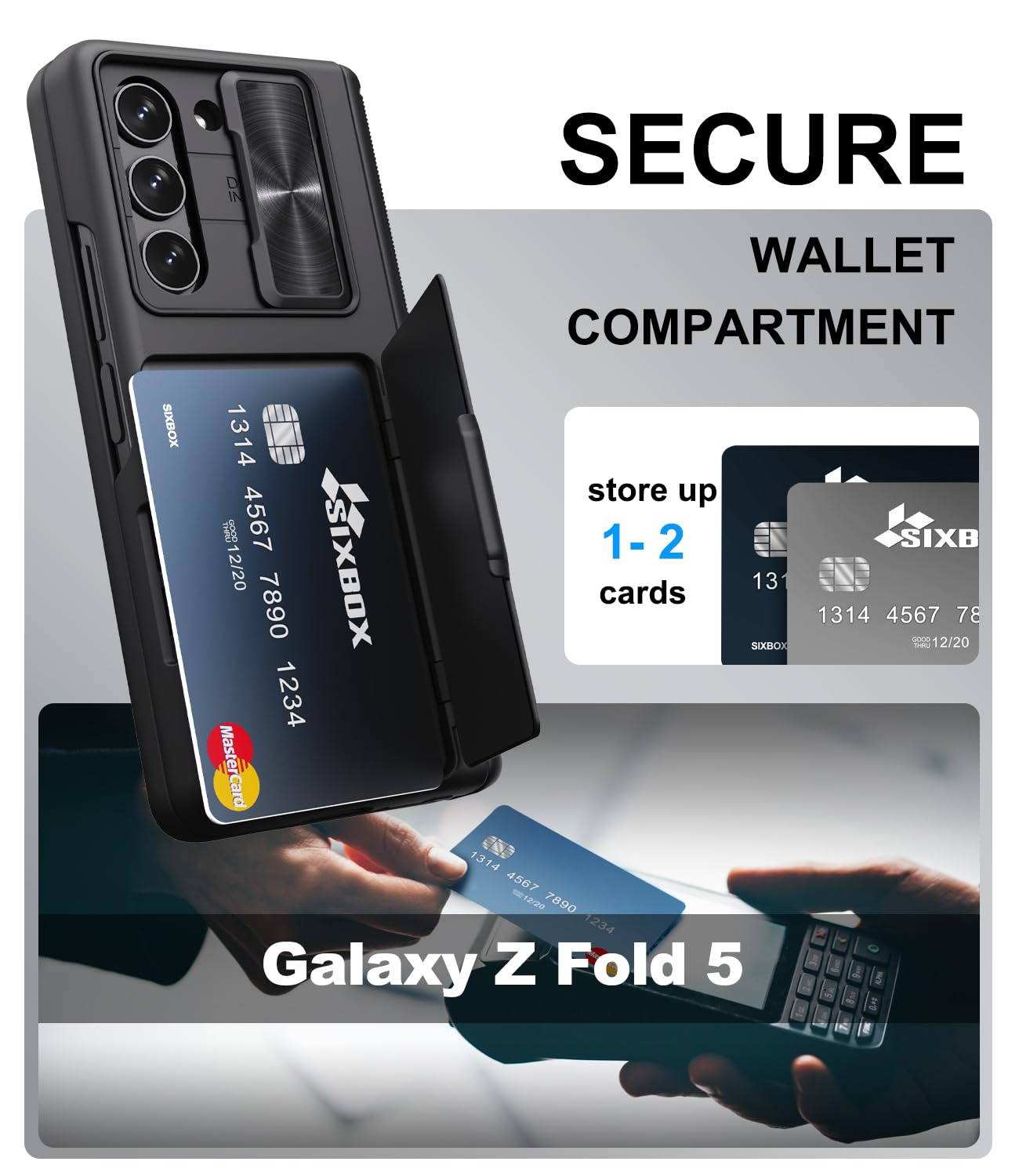 SIXBOX for Samsung Galaxy Z Fold 5 Case with Card Holder & Slide Camera Cover, Built-in Screen Protector & Hinge Protection, Shockproof Durable Wallet Phone Case for Galaxy Z Fold 5 5G 2023, Black