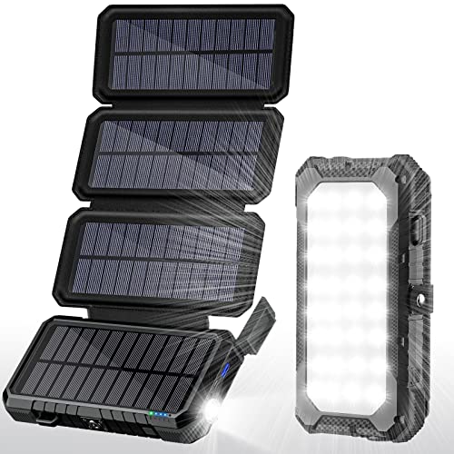 Solar Charger Power Bank with 4 Solar Panels, 26800mAh Portable Solar Charger USB-C PD 18W Fast Charging with Camping Light SOS Flashlight, Compass/Carabiner, Solar Battery Bank for Outdoor