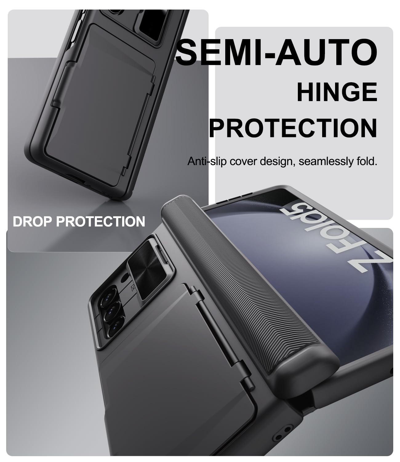 SIXBOX for Samsung Galaxy Z Fold 5 Case with Card Holder & Slide Camera Cover, Built-in Screen Protector & Hinge Protection, Shockproof Durable Wallet Phone Case for Galaxy Z Fold 5 5G 2023, Black