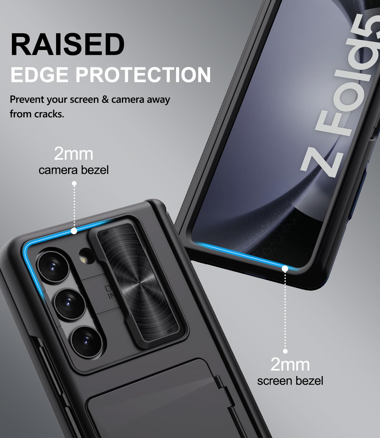 SIXBOX for Samsung Galaxy Z Fold 5 Case with Card Holder & Slide Camera Cover, Built-in Screen Protector & Hinge Protection, Shockproof Durable Wallet Phone Case for Galaxy Z Fold 5 5G 2023, Black