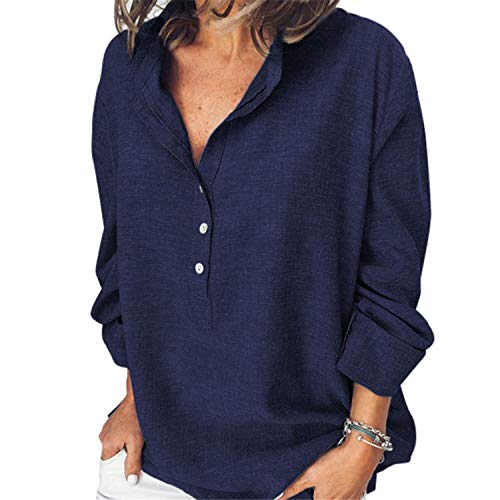 Andongnywell Women's Casual Long Sleeve Shirts Front V Neck Button Shirts Tops Long Sleeve Shirt (Navy Blue,Small,Small)