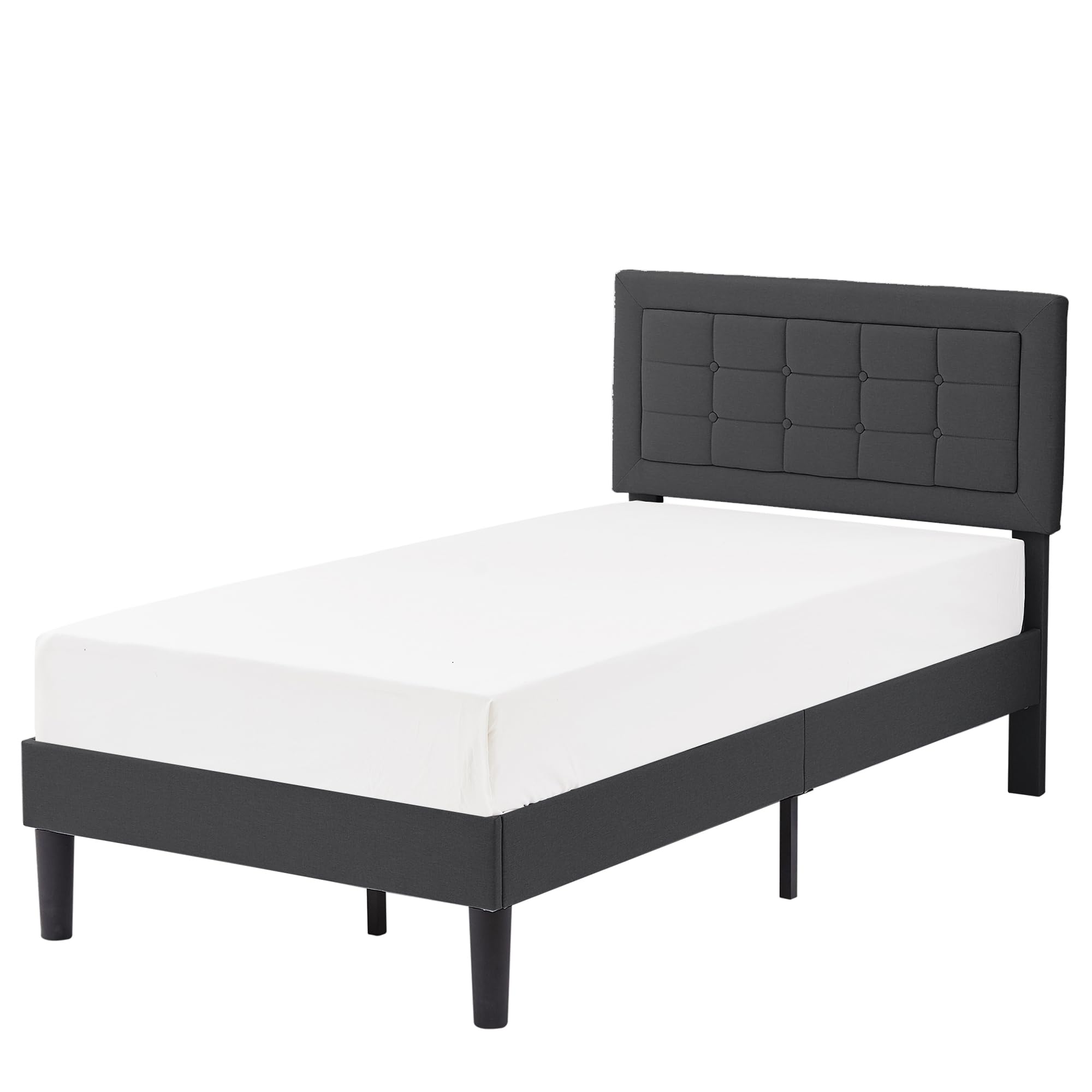 VECELO Twin Size Upholstered Bed Frame with Height Adjustable Fabric Headboard, Heavy-Duty Platform Bedframe/Mattress Foundation/Strong Wood Slat Support/No Box Spring Needed, Dark Gray