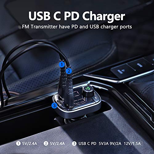Bluetooth FM Transmitter - RAXFLY Bluetooth Car Adapter Transmitter FM Audio Receiver Dual USB PD Type C Car Charger Support TF Card and U-Disk Compatible for iPhone 11 Samsung S20 All Smartphones
