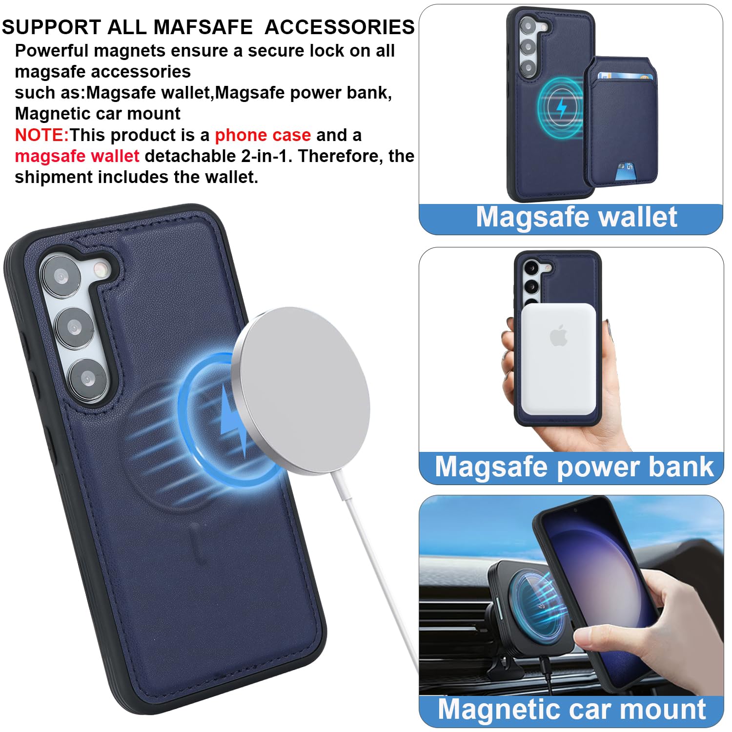 Ｈａｖａｙａ for Samsung Galaxy S23 Plus case Magsafe Compatible Galaxy S23 Plus case with Card Holder for Men and Women Samsung S23+ Plus Detachable Magnetic Wallet Phone case-Blue