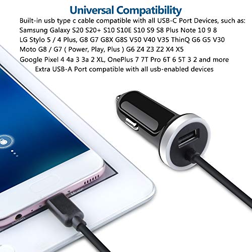 Fast Car Charger for Samsung Galaxy S23 S22 S21 S20 FE Note 20 S10 S9 S8 A14 A53 A13 A03S Z Fold 4 Z Flip4 A12 A32 A20 A51 A50, 2PC 3.4A USB C Car Adapter with Built-in 3ft Type C Fast Charging Cable