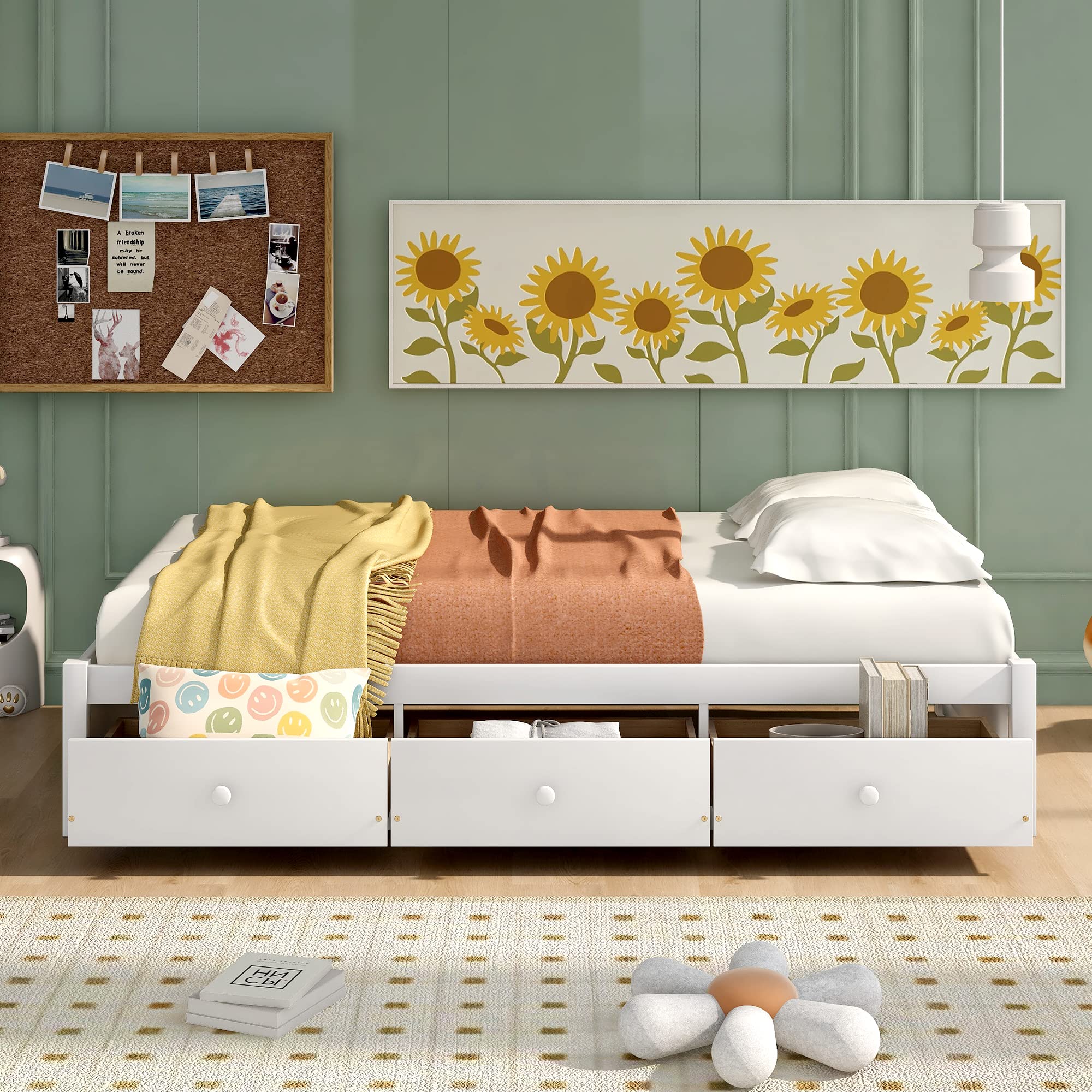 SOFTSEA Twin Size Bed Frame with 6 Storage Drawers, Wood Twin Platform Bed with Storage and Wood Slat Support, No Box Spring Needed, Twin Daybed Frame for Bedroom Living Room(White)
