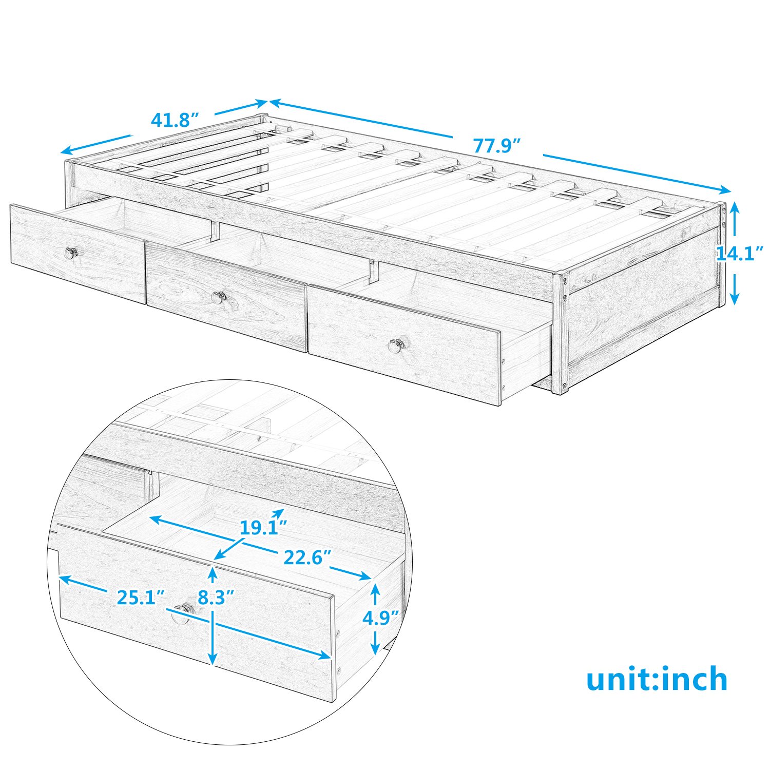 SOFTSEA Twin Size Bed Frame with 6 Storage Drawers, Wood Twin Platform Bed with Storage and Wood Slat Support, No Box Spring Needed, Twin Daybed Frame for Bedroom Living Room(White)