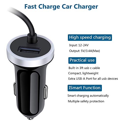 Fast Car Charger for Samsung Galaxy S23 S22 S21 S20 FE Note 20 S10 S9 S8 A14 A53 A13 A03S Z Fold 4 Z Flip4 A12 A32 A20 A51 A50, 2PC 3.4A USB C Car Adapter with Built-in 3ft Type C Fast Charging Cable