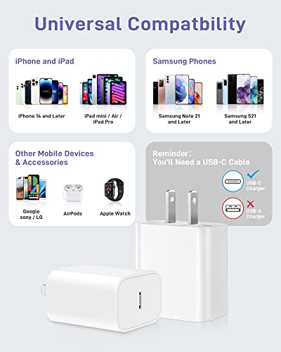 20W USB C Fast Charger for iPad Pro 12.9, iPad Pro 11 inch 2021/2020/2018, iPad Air 5th/4th 10.9 inch 2022/2020, iPad Mini 6 Generation & PD Wall Charger with 6ft USB C to C Charging Cable (2 Pack)