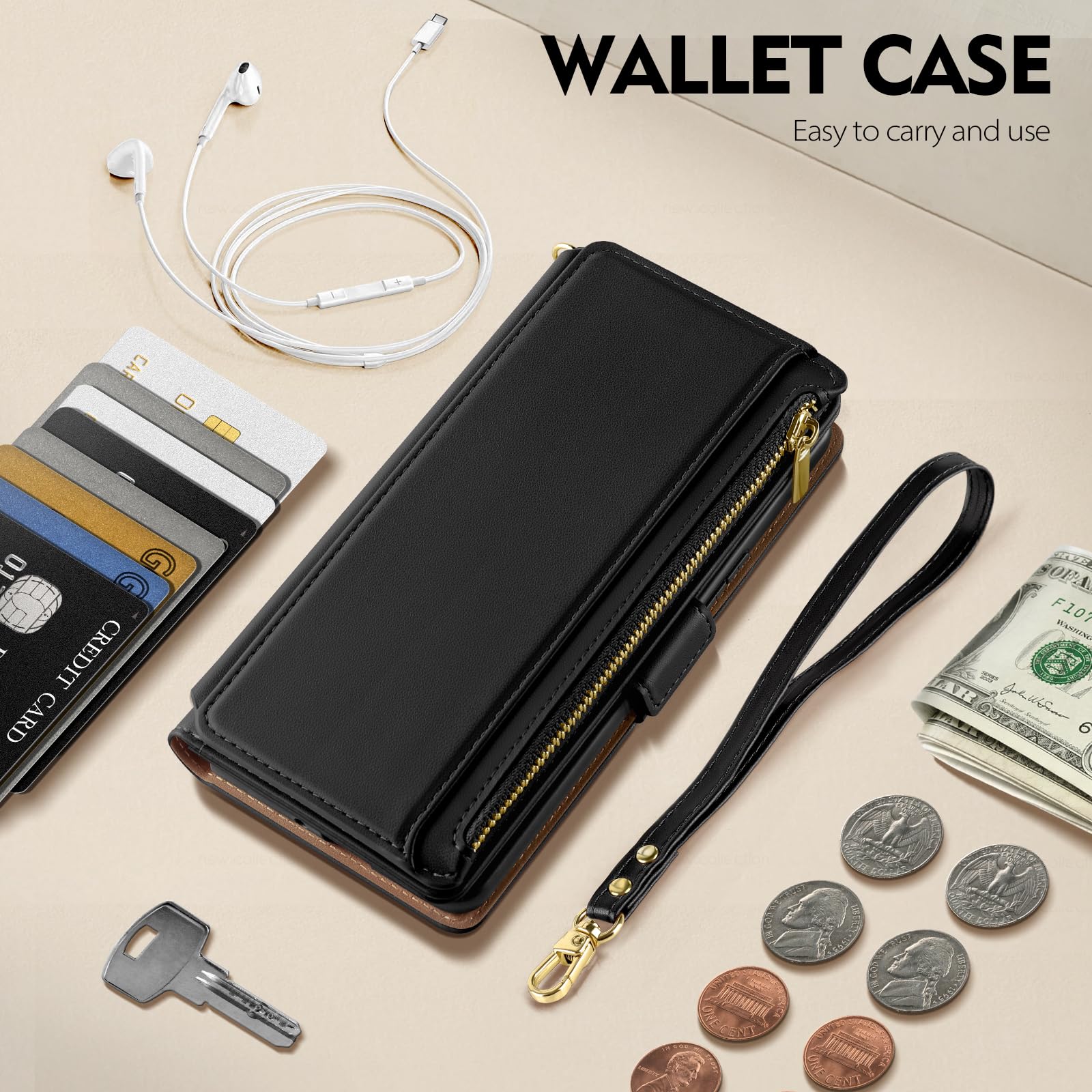 Antsturdy for Samsung Galaxy S23 FE 5G Wallet Case with Card Holder Women Men,Galaxy S23 FE Phone Case RFID Blocking PU Leather Flip Shockproof Cover with Wrist Strap Zipper Credit Card Slots,Black