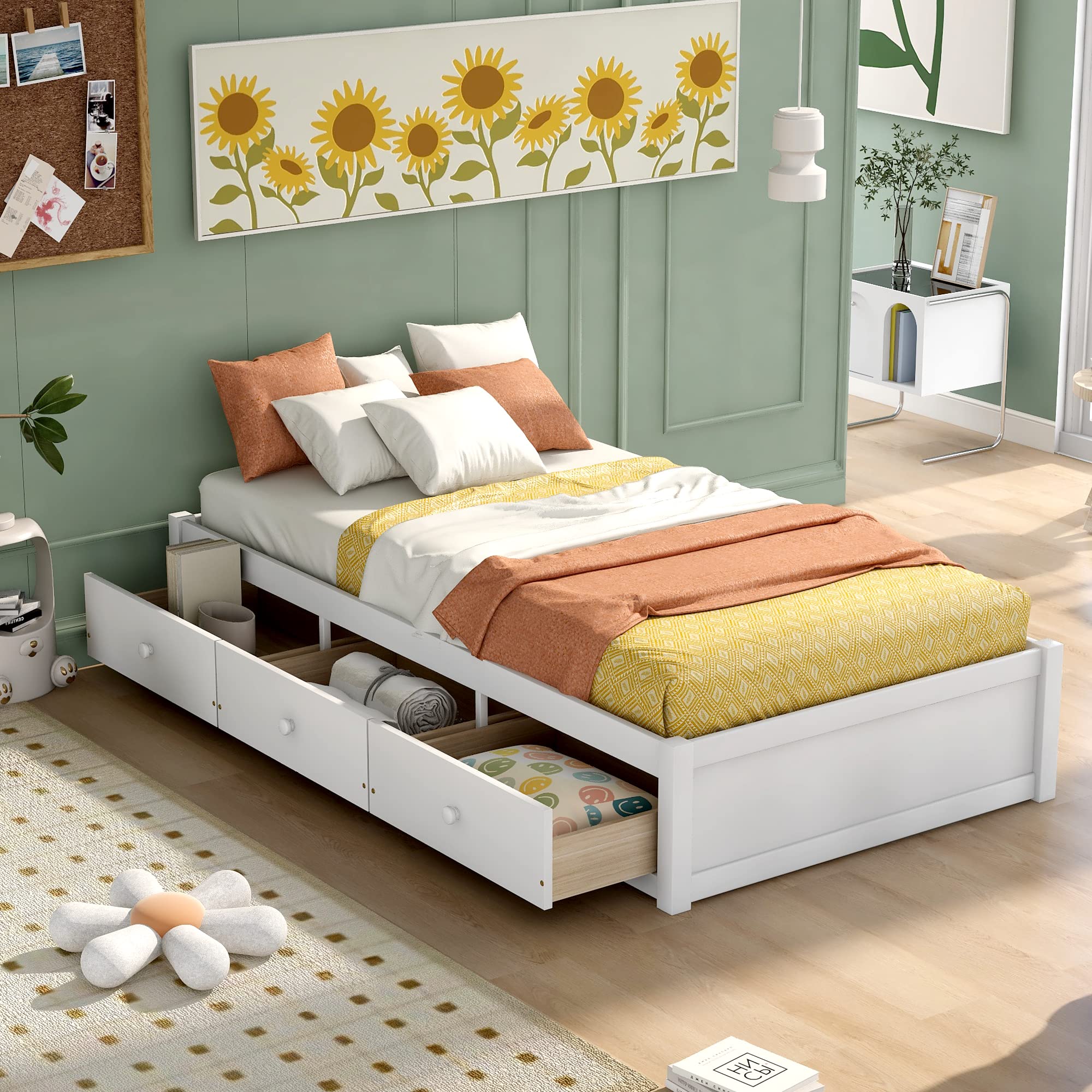 SOFTSEA Twin Size Bed Frame with 6 Storage Drawers, Wood Twin Platform Bed with Storage and Wood Slat Support, No Box Spring Needed, Twin Daybed Frame for Bedroom Living Room(White)