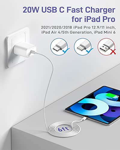 20W USB C Fast Charger for iPad Pro 12.9, iPad Pro 11 inch 2021/2020/2018, iPad Air 5th/4th 10.9 inch 2022/2020, iPad Mini 6 Generation & PD Wall Charger with 6ft USB C to C Charging Cable (2 Pack)