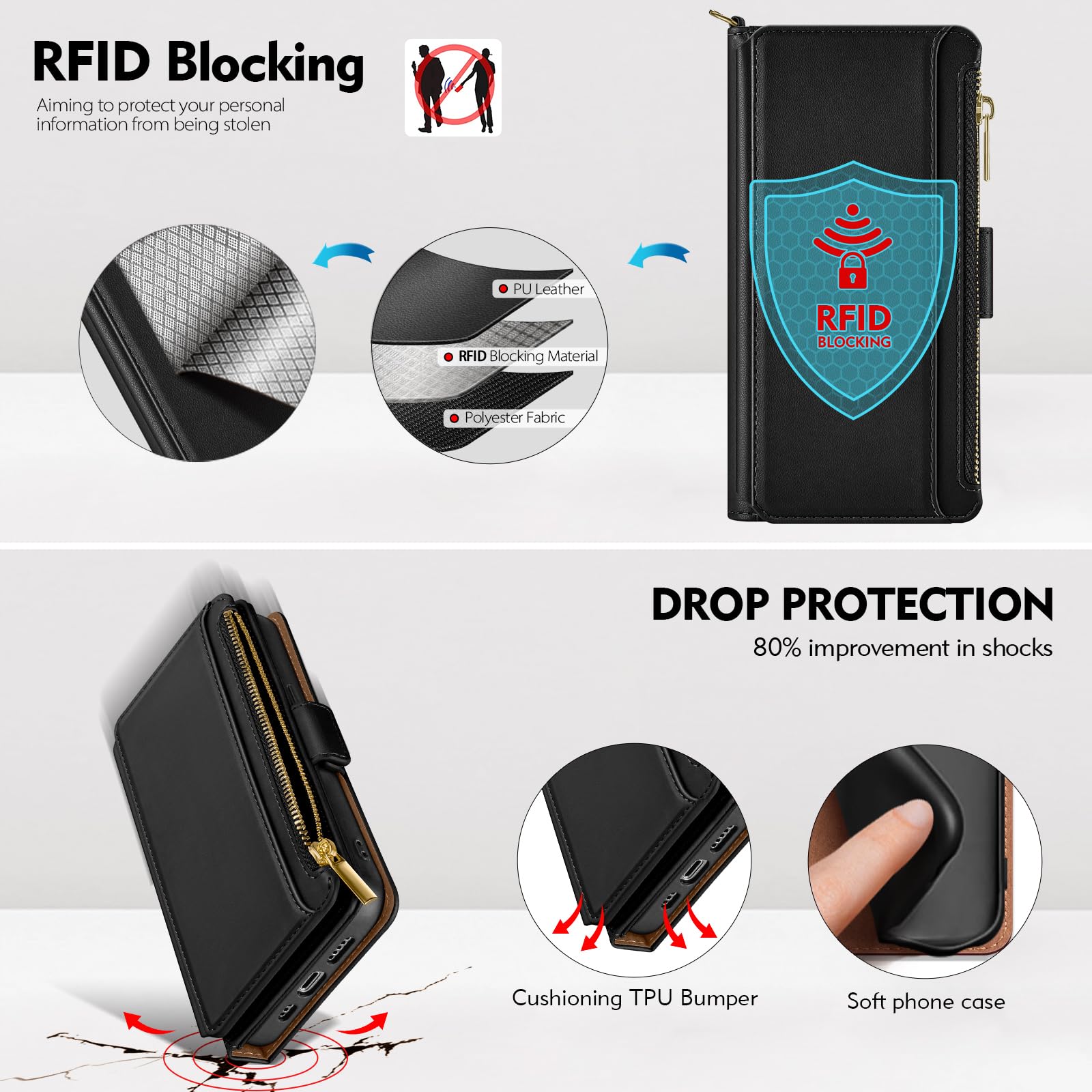 Antsturdy for Samsung Galaxy S23 FE 5G Wallet Case with Card Holder Women Men,Galaxy S23 FE Phone Case RFID Blocking PU Leather Flip Shockproof Cover with Wrist Strap Zipper Credit Card Slots,Black