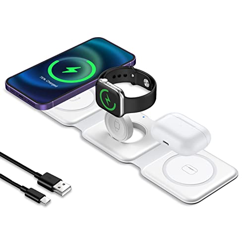 BeTIM 3 in 1 Wireless Charger, Magnetic Foldable 3 in 1 Charging Station,Fast Wireless Charging Pad, Compatible with iPhone 14/Pro/Max/Plus/13/12/XR/XS/X/8Plus Series, iWatch, AirPods 3/2/Pro (White)