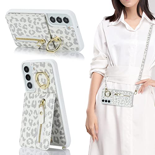 Jaorty for Samsung Galaxy S21 5G Phone Case for Women with Card Holder,Galaxy S21 Case Wallet Crossbody Lanyard with Strap,Credit Card Slots Kickstand Case with Ring Holder,6.2 Inch,White Leopard
