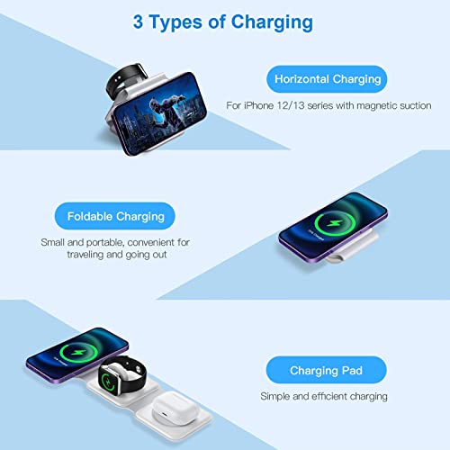 BeTIM 3 in 1 Wireless Charger, Magnetic Foldable 3 in 1 Charging Station,Fast Wireless Charging Pad, Compatible with iPhone 14/Pro/Max/Plus/13/12/XR/XS/X/8Plus Series, iWatch, AirPods 3/2/Pro (White)