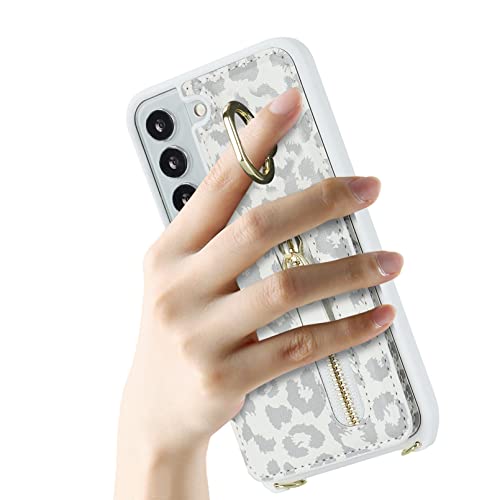 Jaorty for Samsung Galaxy S21 5G Phone Case for Women with Card Holder,Galaxy S21 Case Wallet Crossbody Lanyard with Strap,Credit Card Slots Kickstand Case with Ring Holder,6.2 Inch,White Leopard