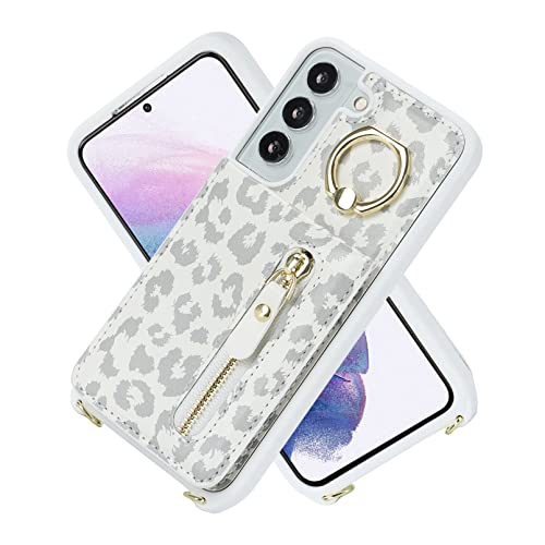 Jaorty for Samsung Galaxy S21 5G Phone Case for Women with Card Holder,Galaxy S21 Case Wallet Crossbody Lanyard with Strap,Credit Card Slots Kickstand Case with Ring Holder,6.2 Inch,White Leopard