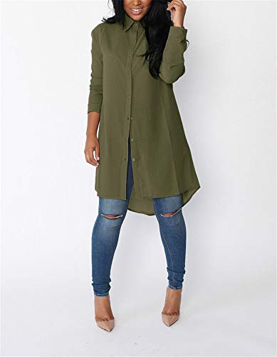 Andongnywell Women's Solid Color High Low Hem Irregular mid-Length Long-Sleeved Chiffon Shirt t Shirt (Green,3,Large)