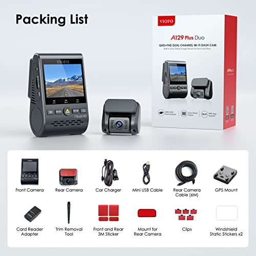 VIOFO Dash Cam Front and Rear 2K 1440P 60fps +1080P 30fps Dual Dash Camera with Wi-Fi GPS, Emergency Recording, Motion Detection, 24h Parking Mode, Super Capacitor (A129 Plus Duo)