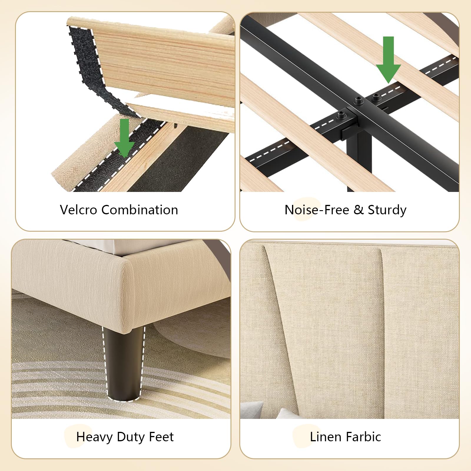 4 EVER WINNER Twin Bed Frames with Headboard, Linen Fabric Twin Upholstered Platform Bed Frame with Geometric Headboard and Wingback for Kids, Wood Slat Support, No Box Spring Needed, Beige