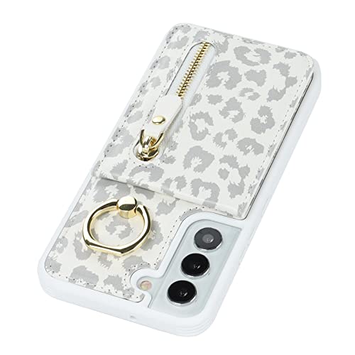 Jaorty for Samsung Galaxy S21 5G Phone Case for Women with Card Holder,Galaxy S21 Case Wallet Crossbody Lanyard with Strap,Credit Card Slots Kickstand Case with Ring Holder,6.2 Inch,White Leopard