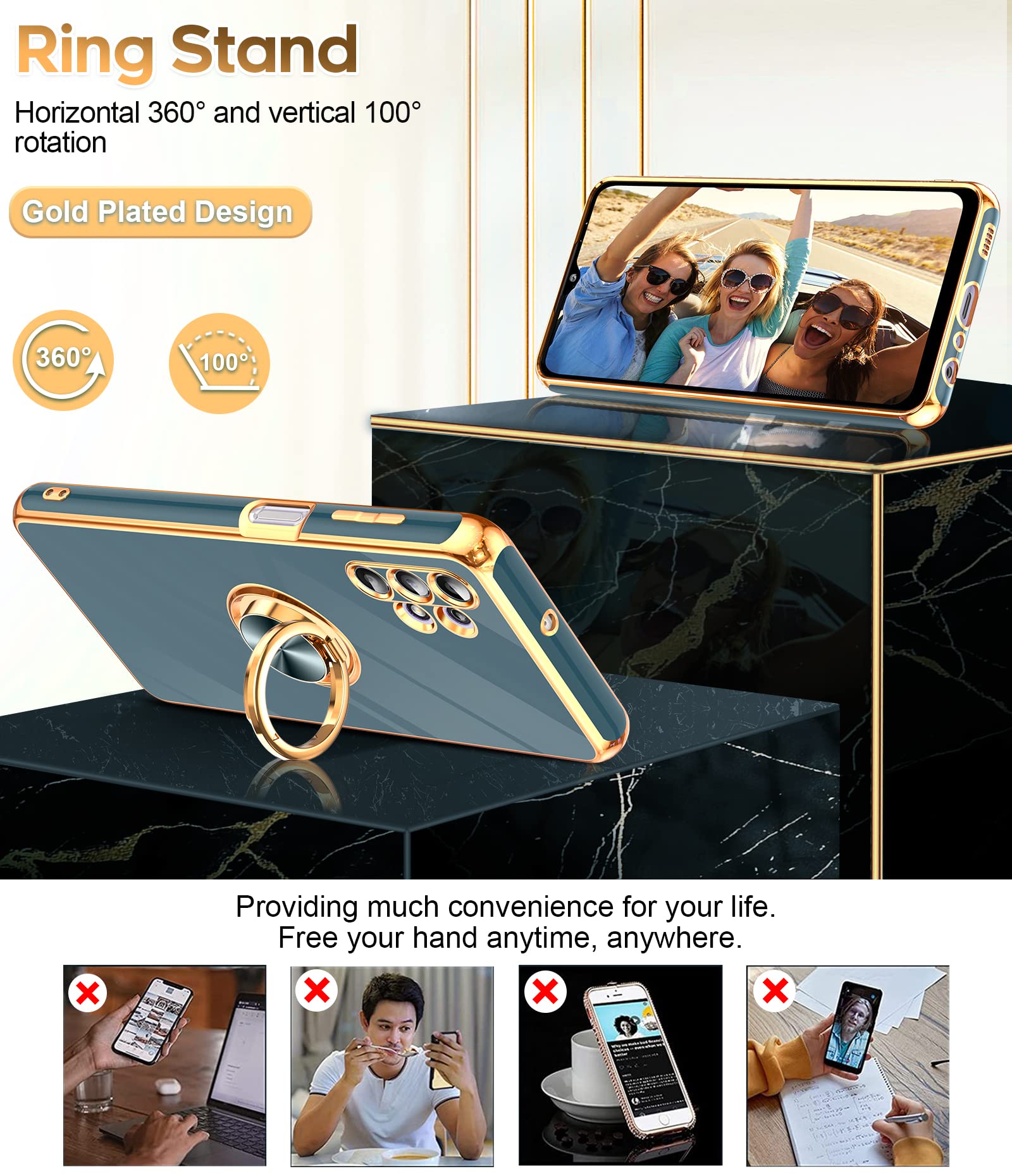 LeYi for Samsung Galaxy A32 5G Case with Tempered Glass Screen Protector [2 Pack] 360° Rotatable Ring Holder Magnetic Kickstand, Plating Rose Gold Edge Protective Case, Grey