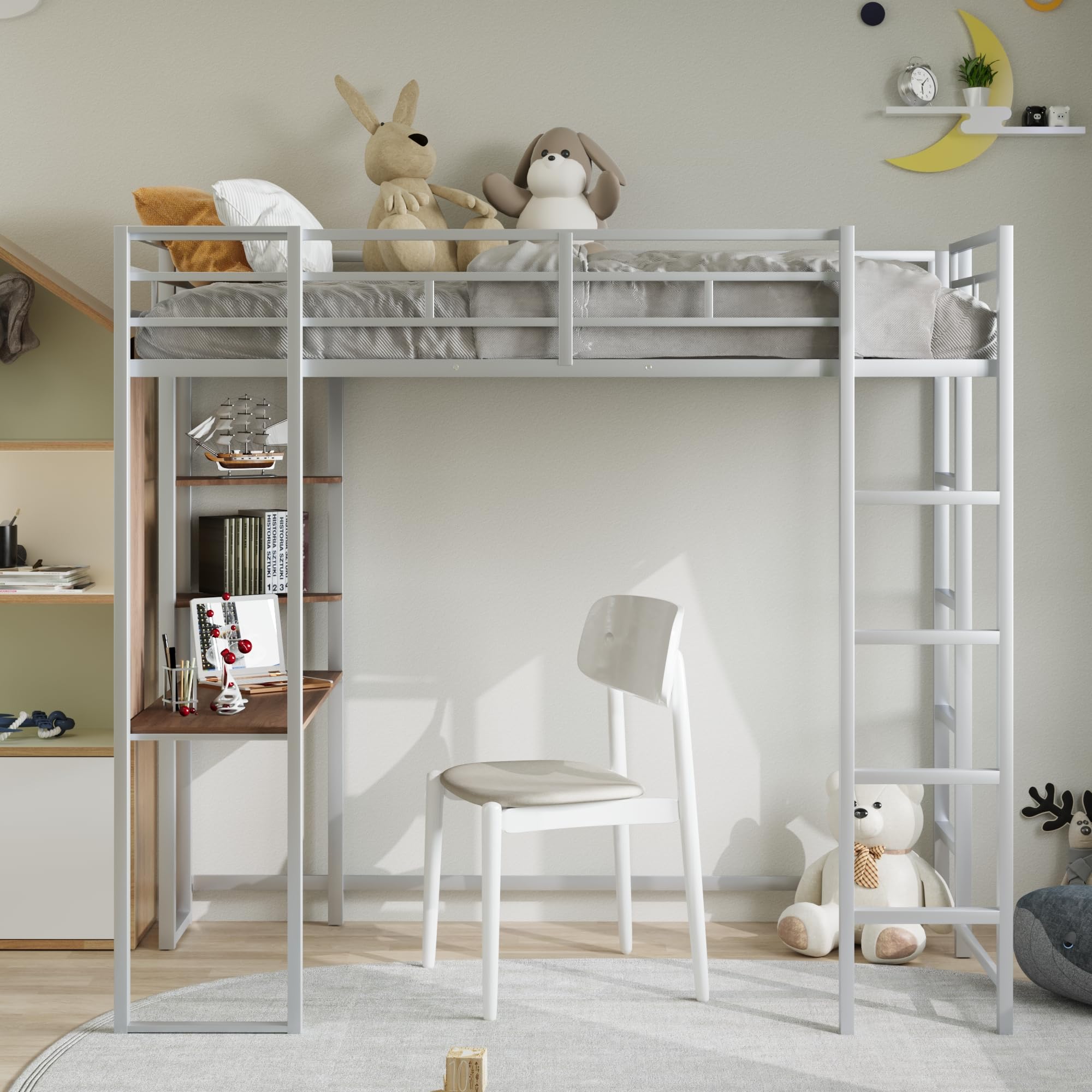Merax Twin Metal Loft Bed with 2 Shelves and one Desk,Loft Bed Frame with 2 Built-in Ladders,12.2/'' H Safety Guardrail,Noise Free,No Box Spring Needed,Silver