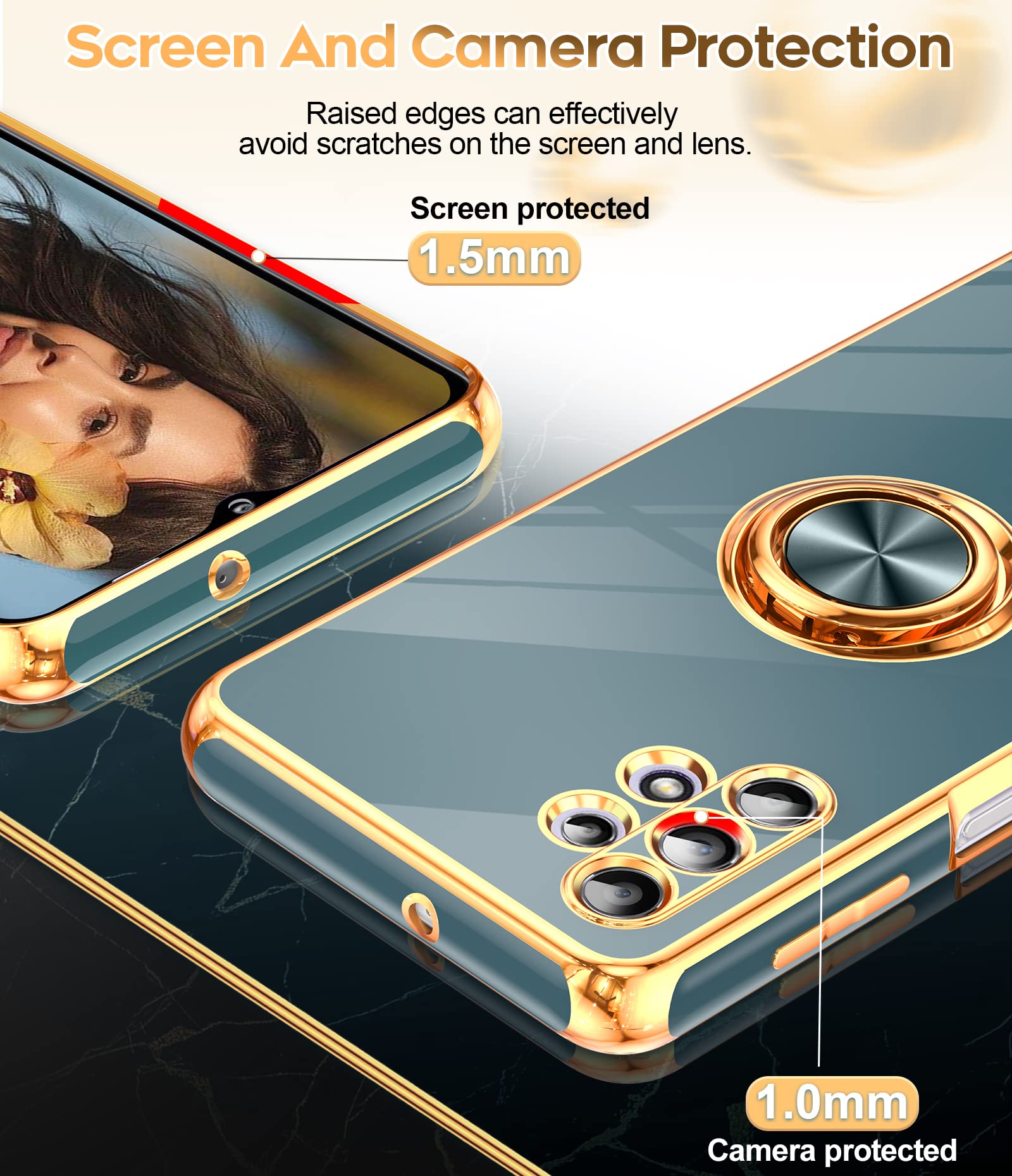 LeYi for Samsung Galaxy A32 5G Case with Tempered Glass Screen Protector [2 Pack] 360° Rotatable Ring Holder Magnetic Kickstand, Plating Rose Gold Edge Protective Case, Grey