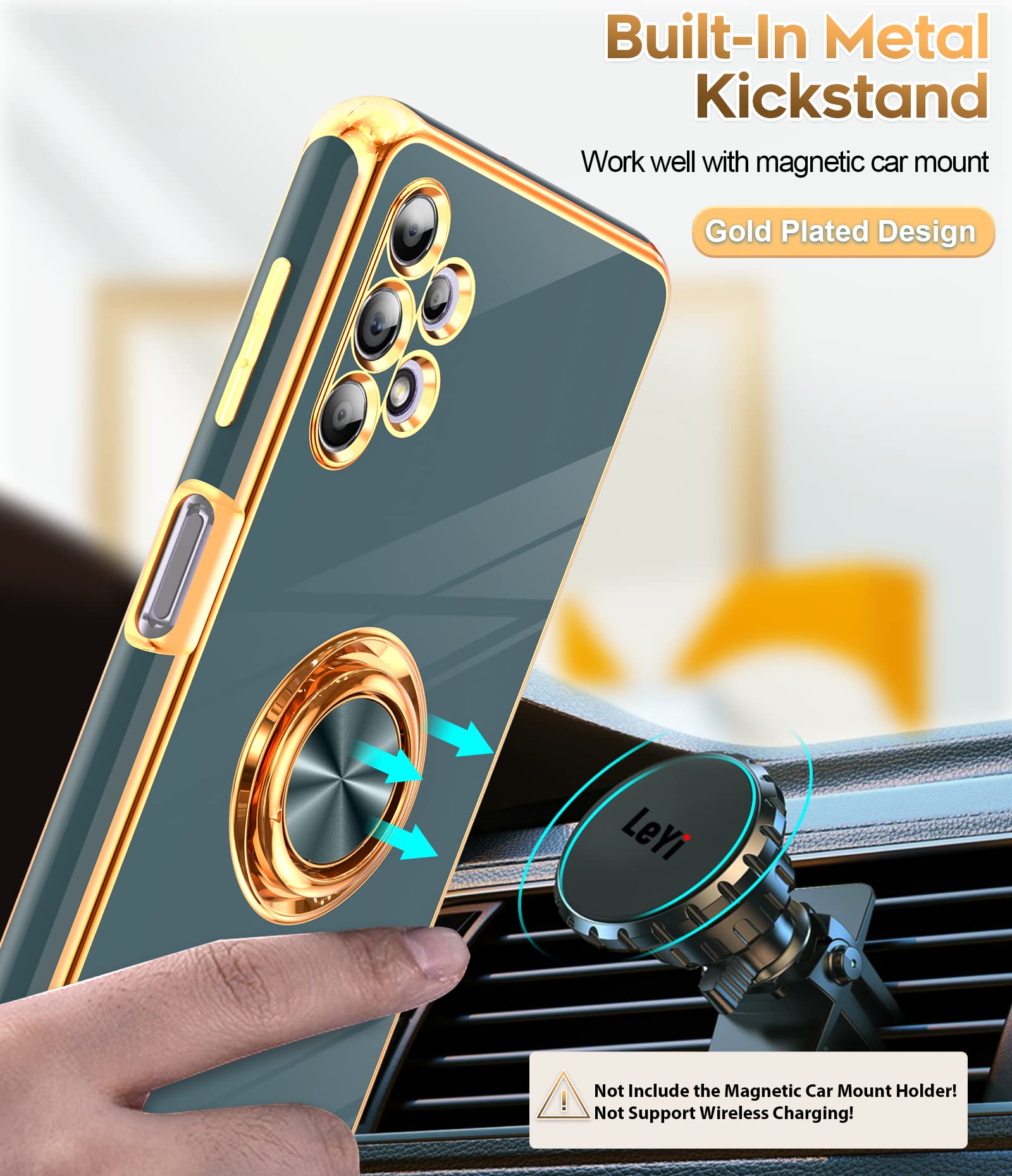 LeYi for Samsung Galaxy A32 5G Case with Tempered Glass Screen Protector [2 Pack] 360° Rotatable Ring Holder Magnetic Kickstand, Plating Rose Gold Edge Protective Case, Grey