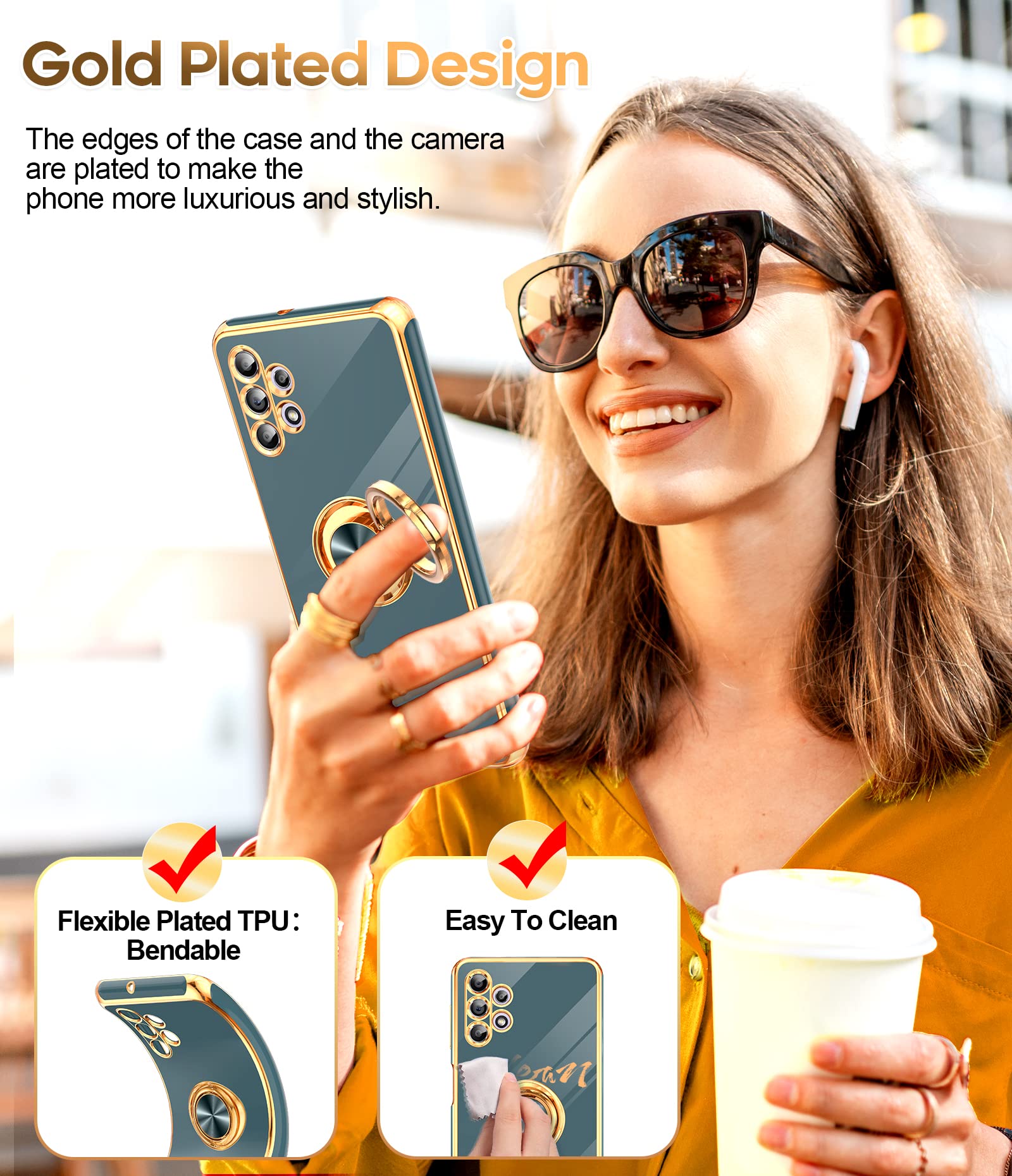 LeYi for Samsung Galaxy A32 5G Case with Tempered Glass Screen Protector [2 Pack] 360° Rotatable Ring Holder Magnetic Kickstand, Plating Rose Gold Edge Protective Case, Grey