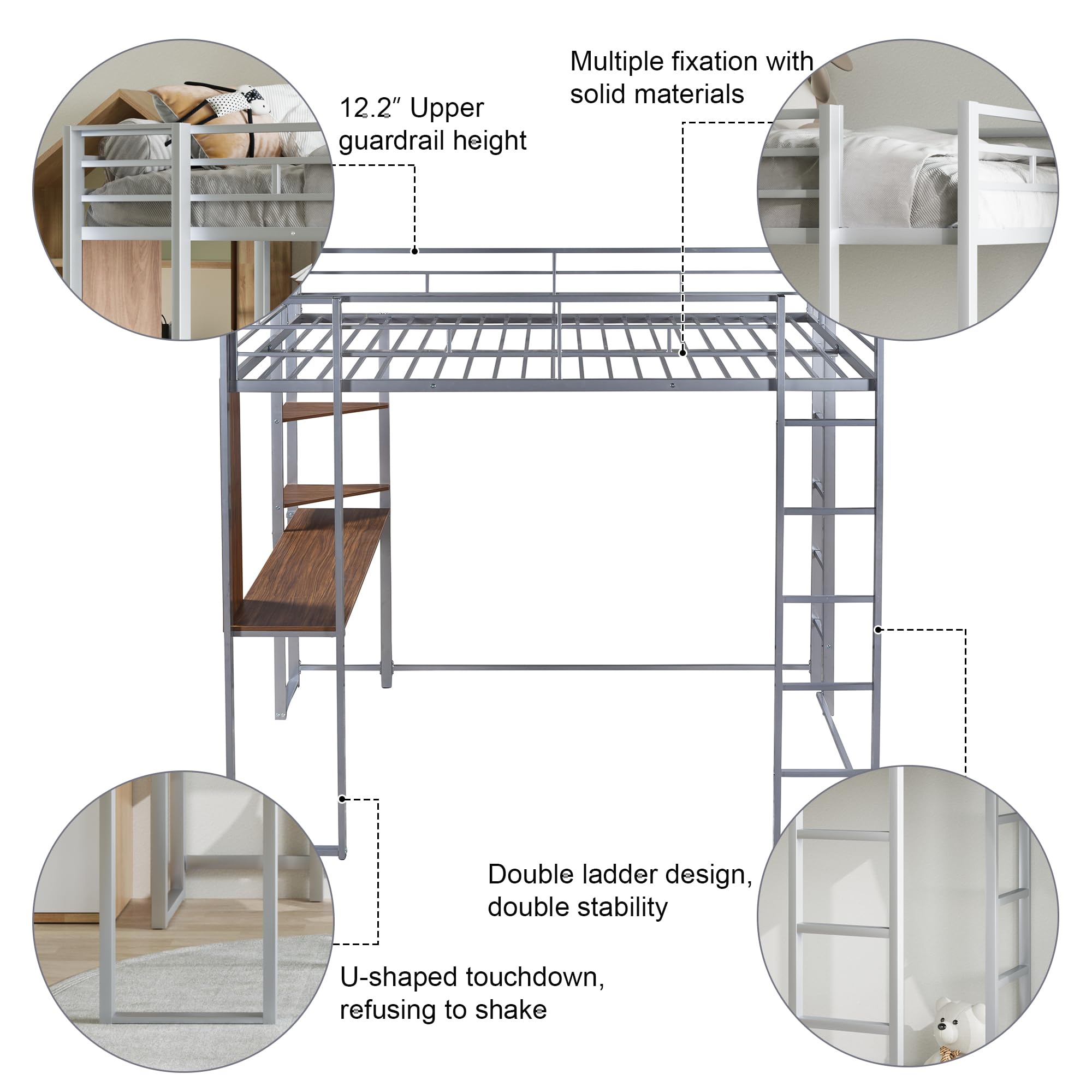 Merax Twin Metal Loft Bed with 2 Shelves and one Desk,Loft Bed Frame with 2 Built-in Ladders,12.2/'' H Safety Guardrail,Noise Free,No Box Spring Needed,Silver