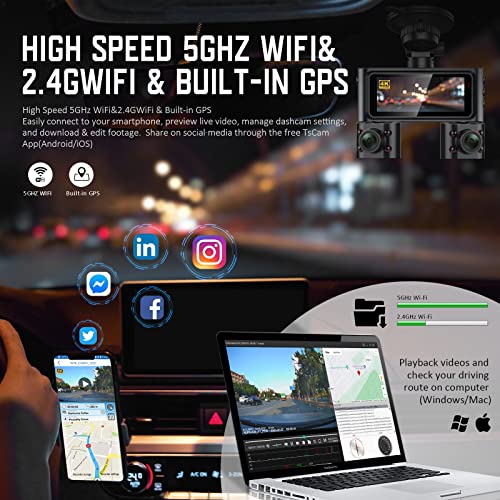 HUPEJOS V7PRO 3 Channel Dash Cam with 5GHz WiFi GPS, 4K Car Camera,128GB Card,4K Front+1080P Left or Right, 1440P+1080P+1080P Dash Camera for Cars, IR Night Vision,24 Hours Radar Detection