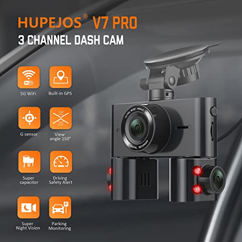 HUPEJOS V7PRO 3 Channel Dash Cam with 5GHz WiFi GPS, 4K Car Camera,128GB Card,4K Front+1080P Left or Right, 1440P+1080P+1080P Dash Camera for Cars, IR Night Vision,24 Hours Radar Detection