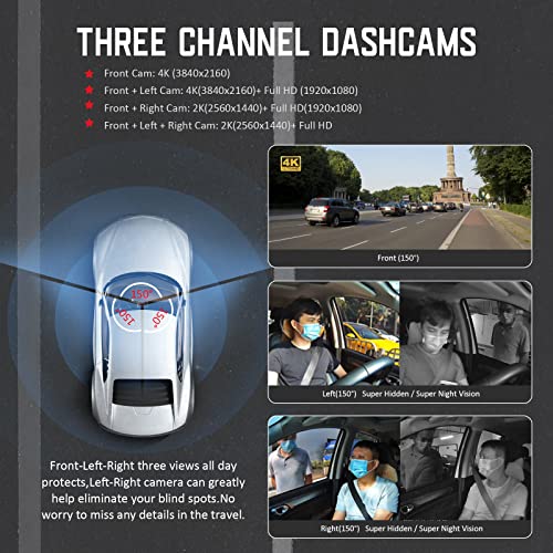 HUPEJOS V7PRO 3 Channel Dash Cam with 5GHz WiFi GPS, 4K Car Camera,128GB Card,4K Front+1080P Left or Right, 1440P+1080P+1080P Dash Camera for Cars, IR Night Vision,24 Hours Radar Detection