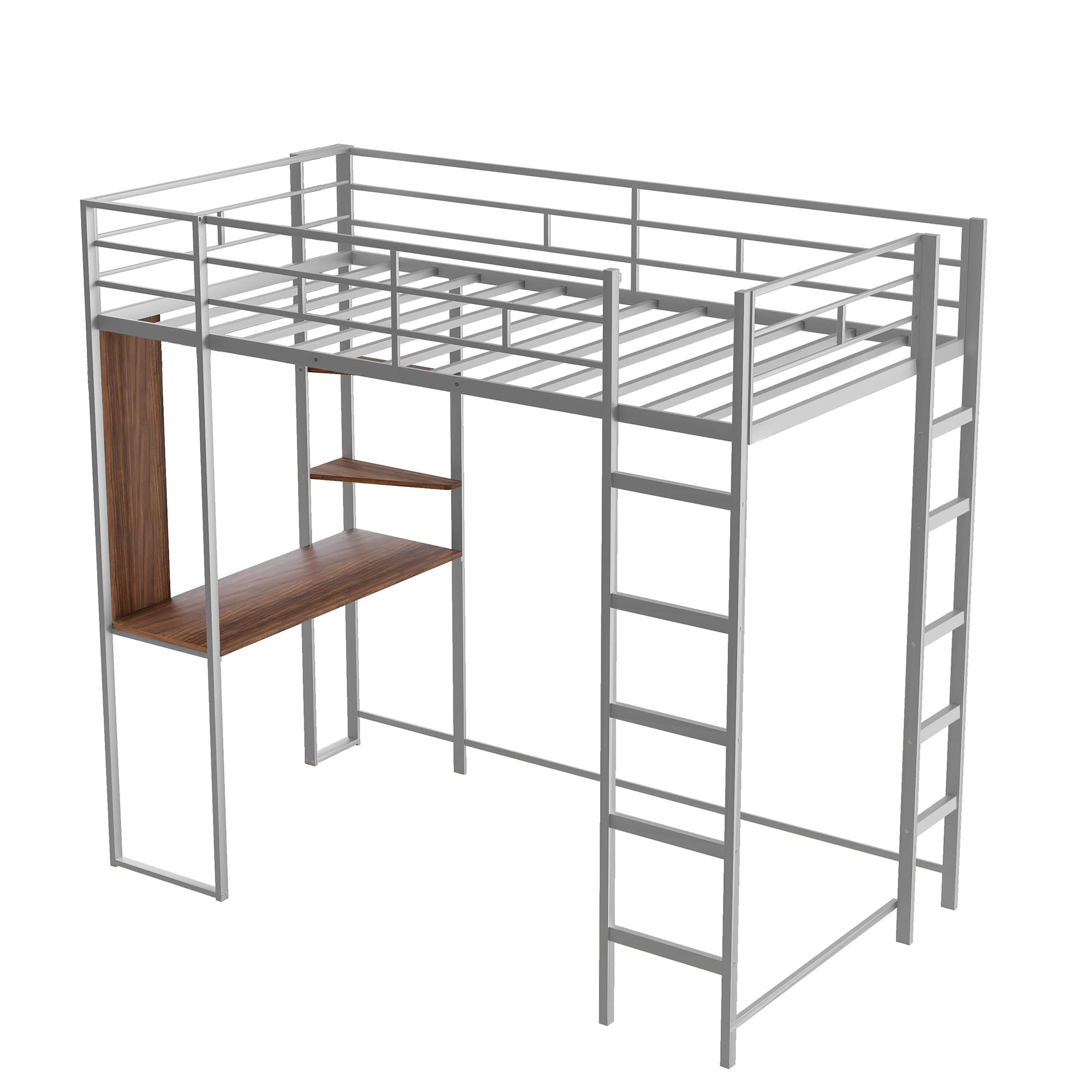 Merax Twin Metal Loft Bed with 2 Shelves and one Desk,Loft Bed Frame with 2 Built-in Ladders,12.2/'' H Safety Guardrail,Noise Free,No Box Spring Needed,Silver