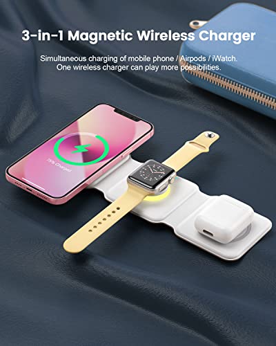 CYBORIS Wireless Charger 3 in 1, 15W Charging Station Magnetic Foldable, Wireless Charging Station for Multiple Devices Compatible with iPhone, Samsung, AirPods 3/2/Pro, iWatch (Adapter Included)