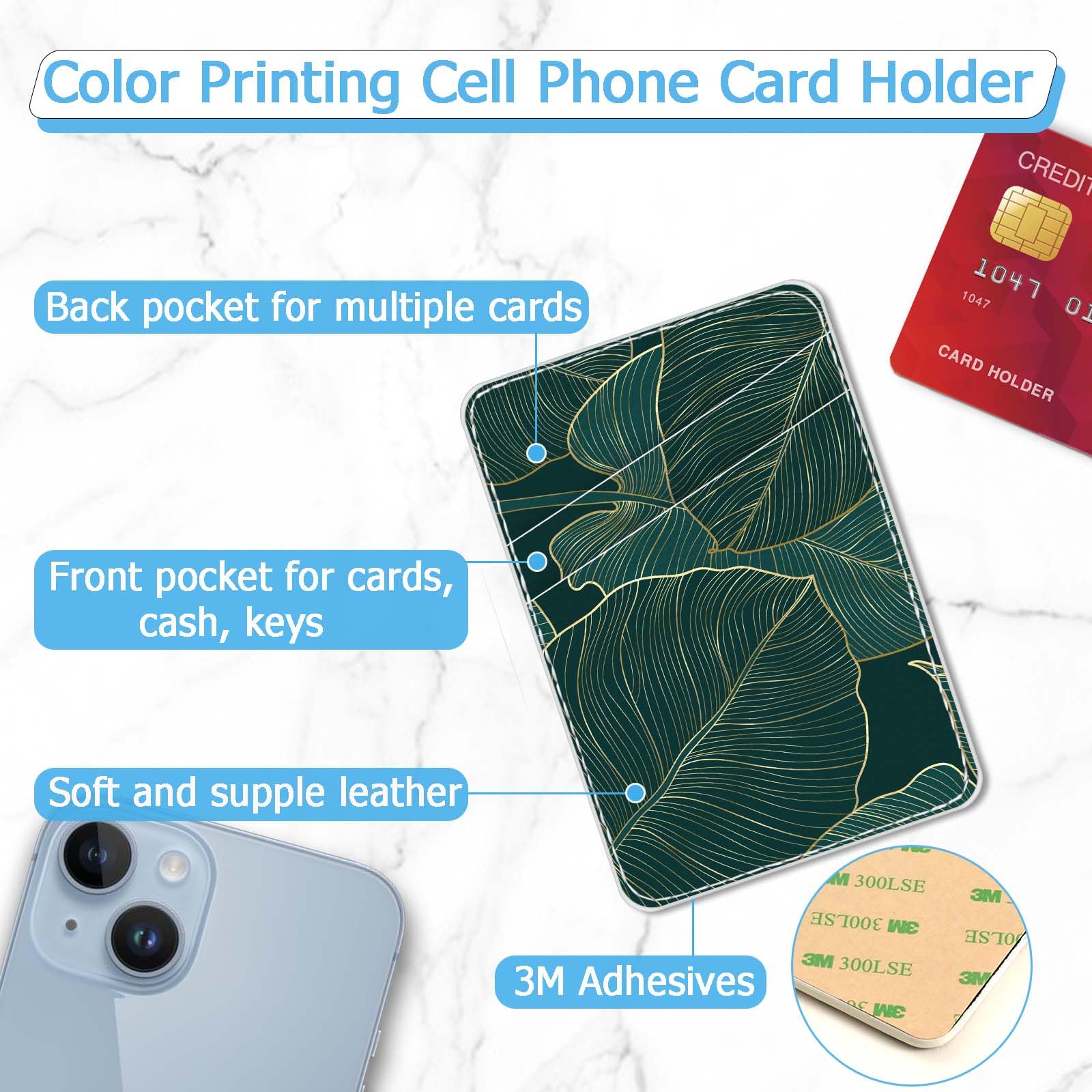 TIHYWR Leather Phone Card Holder Phone Wallet, Stick Back Phone Wallet Sticker Stylish Phone Case Credit Card Holder, Suitable for iPhone, Samsung, Android and Most Smart Phones. Rose Gold Leaf