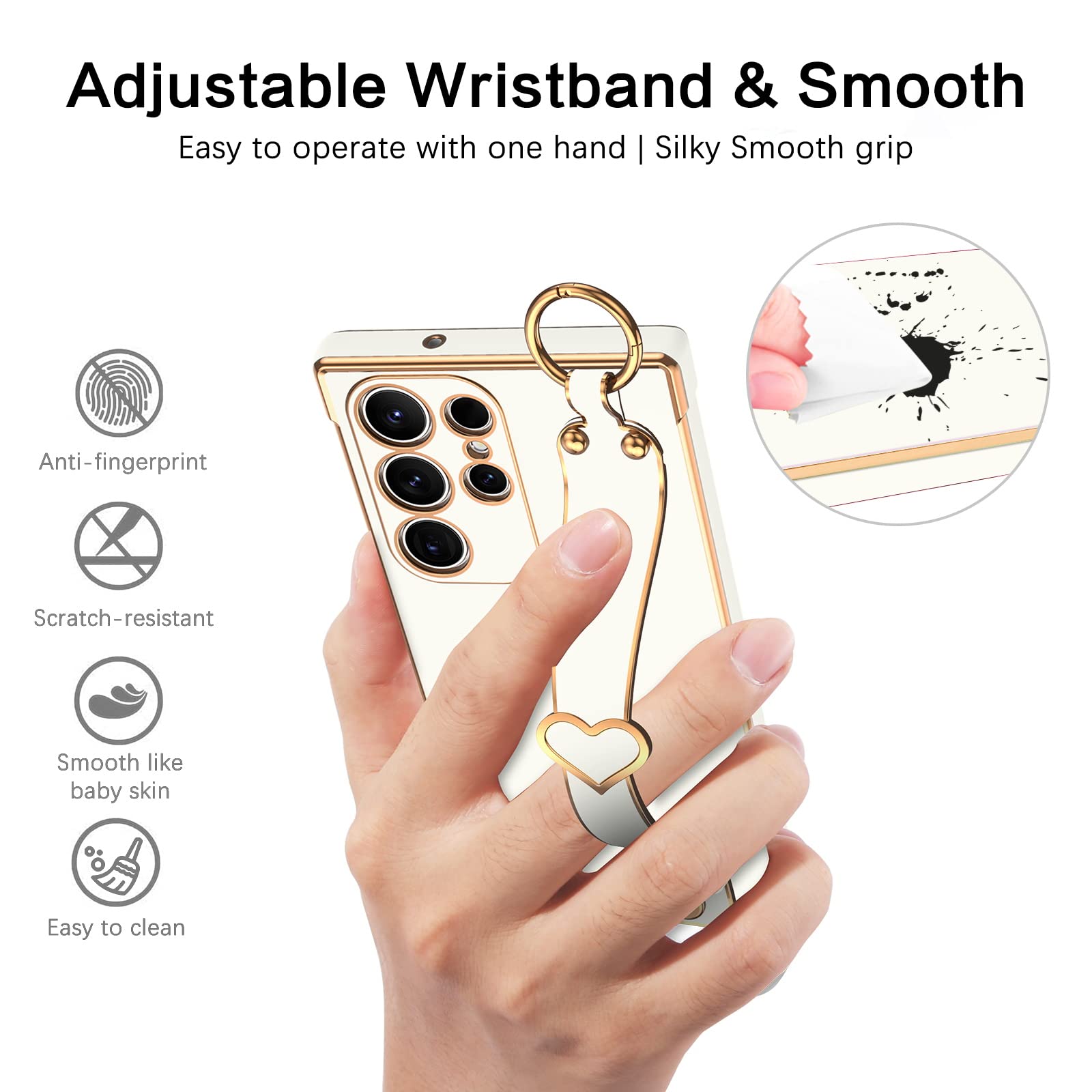 BENTOBEN for Galaxy S23 Ultra Case with Adjustable Wristband Kickstand Loop, Cute Heart Luxury Plating Bumper, Raised Corner Shockproof Women Girls Phone Cover for Samsung Galaxy S23 Ultra 6.8", White