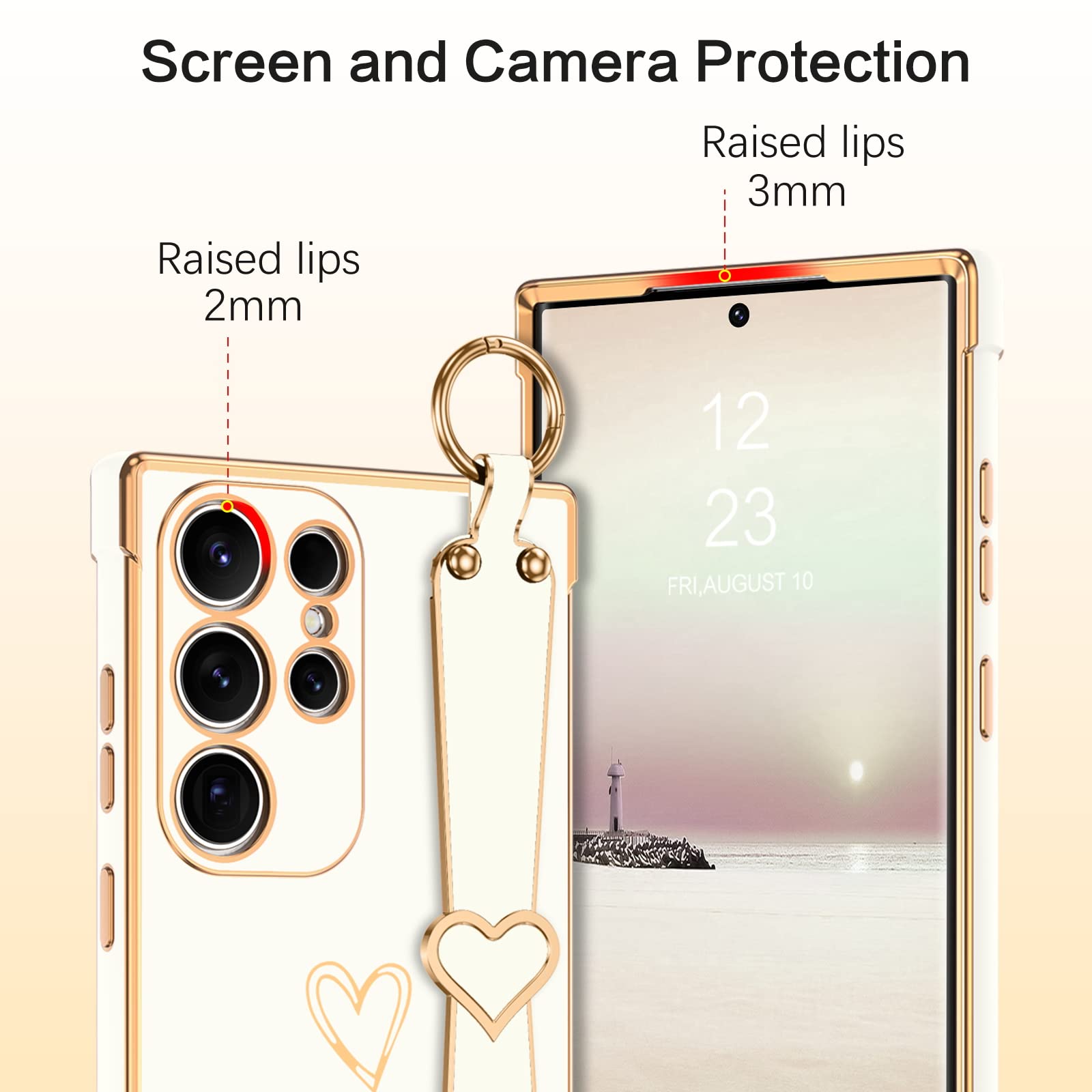 BENTOBEN for Galaxy S23 Ultra Case with Adjustable Wristband Kickstand Loop, Cute Heart Luxury Plating Bumper, Raised Corner Shockproof Women Girls Phone Cover for Samsung Galaxy S23 Ultra 6.8", White