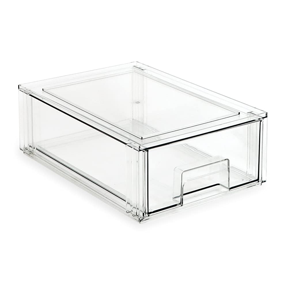 Isaac Jacobs Medium Stackable Organizer Drawer (12.5” x 8.3” x 4.1”), Clear Plastic Storage Box, Pull-Out Bin, Home, Office, Closet & Shoe Organization, BPA-Free, Food / Fridge / Freezer Safe (Medium)